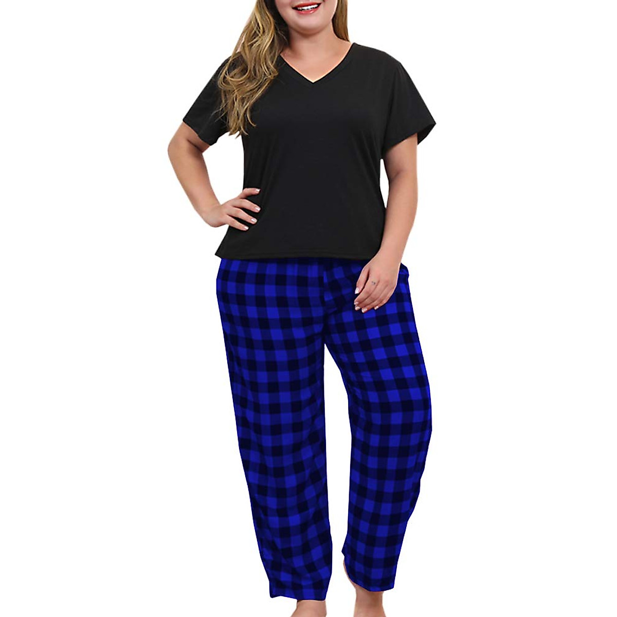 KAMONG Women Plus Size Pajamas Set Plaid Lounge Pants V-Neck Long/Short Sleeve Cotton T Shirt 2 Piece Sleepwear Blue