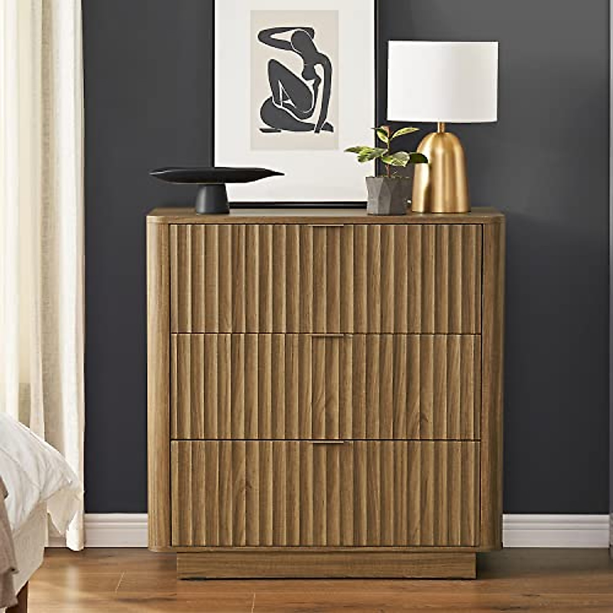 mopio Brooklyn Mid-Century Modern Dresser/Credenza, Waveform Panel with Sleek Curved Profile with Aluminum Handle 3-Drawers for Bedroom/Living Room, Sturdy Anti-Tipping Base (Natural Walnut, Dresser)
