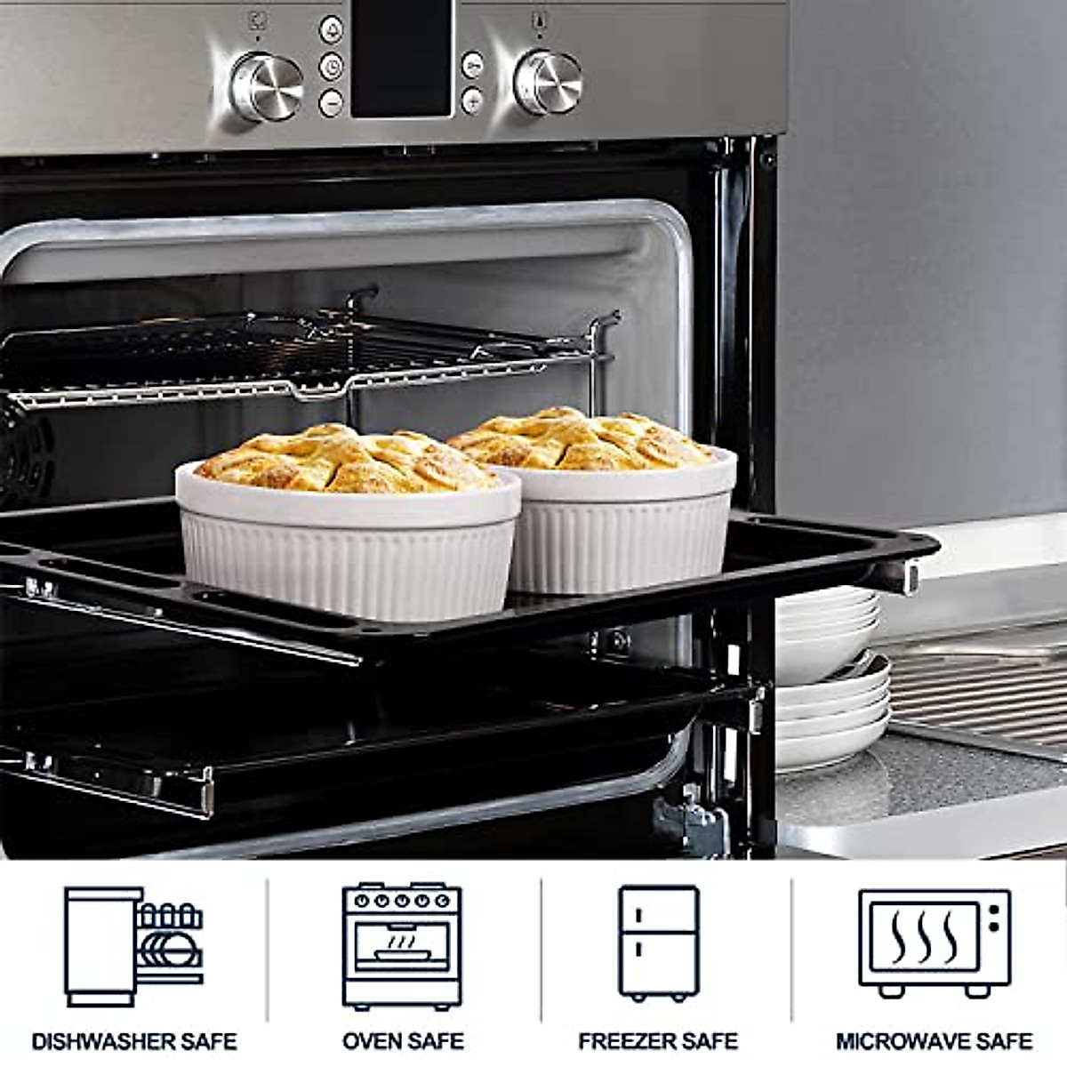 Delling Large Ramekins 32 Oz Oven Safe/Soup Bowls, 1 Quart Serving Bowls Ceramic Round for Baking, Salad, Pasta, Creme Brulee, Souffle Dish, Pot Pie