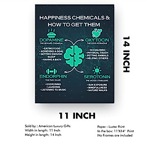 "Happiness Chemicals & How to Get Them"-Counseling Wall Sign -11 x 14" Motivational Typographic Wall Art Print-Ready to Frame. Rustic Home-Office-School-Counselor-Dorm Decor. Great Positive Advice!