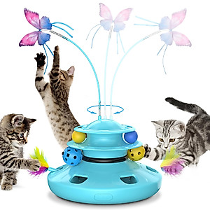 Cat Toys, 4-in-1 cat interactive toy for indoor Rechargeable Automatic with Fluttering Butterfly Random Moving Ambush Feather 2-Tier Track Balls for Bored Indoor Adult Cats Kittens All Breeds