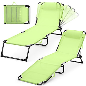 Suzile 2 Pack Folding Chaise Lounge Chairs Outdoor Sun Tanning Chair for Outside Foldable Beach Chair with Pillow 5 Position Reclining Back Breathable Mesh Pool Chair for Beach Yard Lawn Patio(Green)