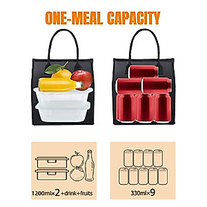 Fmeida Lunch Bag, Insulated Lunch Bag Women, Small Lunch Bag, Thermal Black Lunch Bag with Side&Interior Pockets, Reusable Adult Lunch Tote Bags for Women Men Office Work College Beach Travel