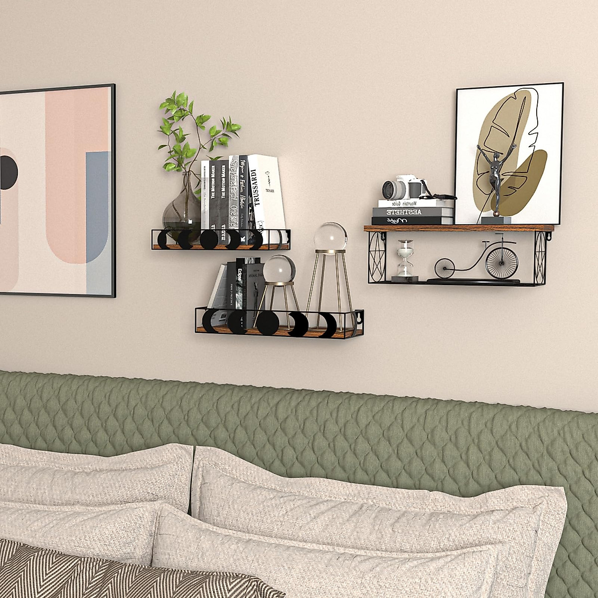 PHAREGE Moon Phase Bathroom Shelves Over Toilet Brown, Decorative Floating Shelves for Wall Set of 3, Toilet Paper Towel Storage Shelves