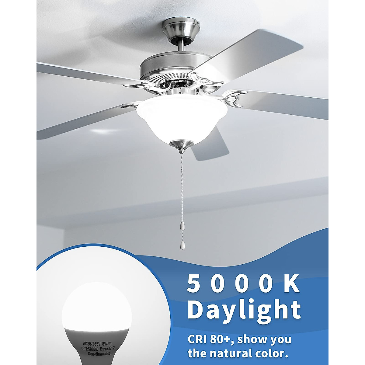 8 Pack E12 LED Ceiling Fan Light Bulbs 120V 60W Eqv., Daylight 5000K, A15 Candebalra Light Bulbs Small Base, Bright LED Bulb Round, Not Dimmable