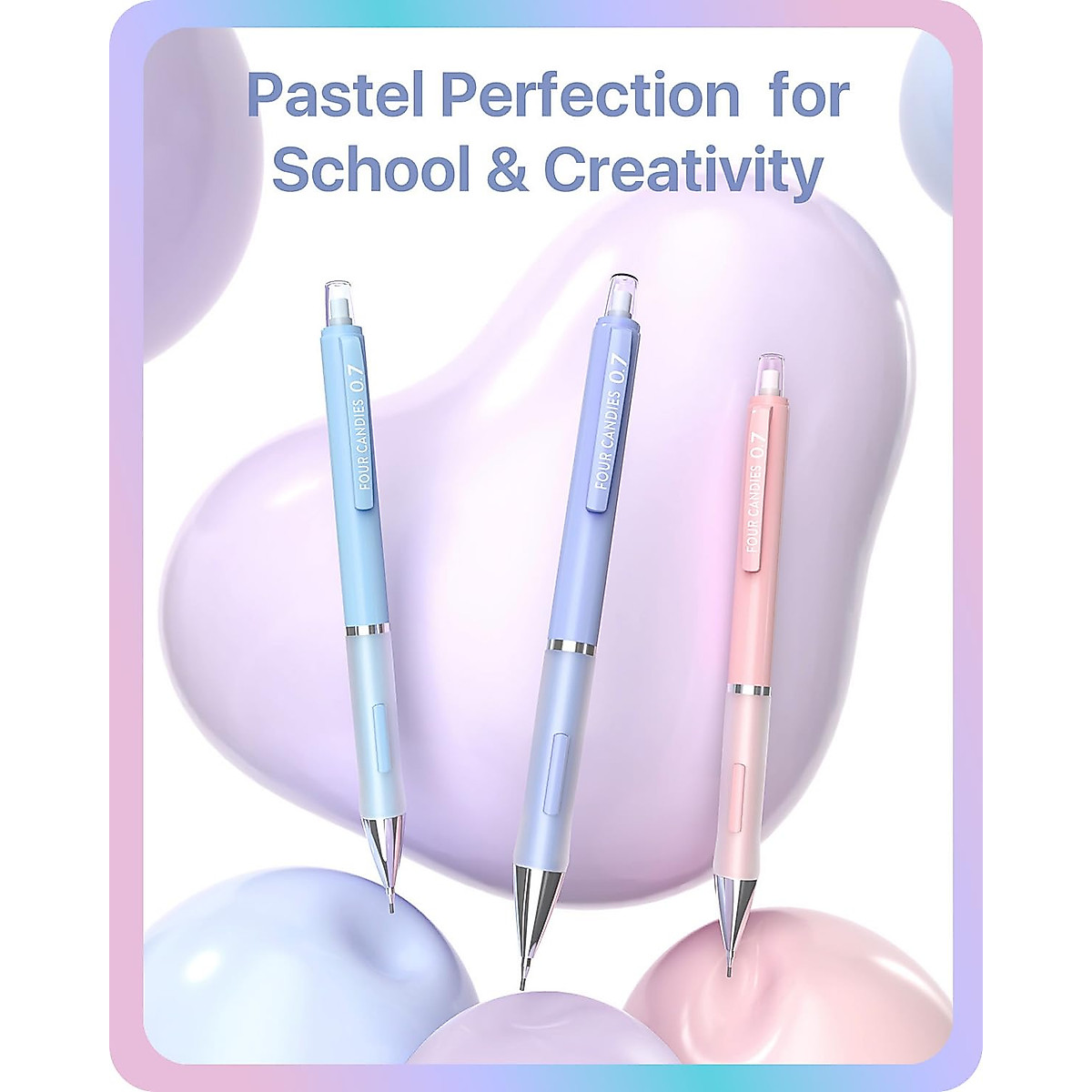 Four Candies Pastel Mechanical Pencil Set - 3PCS 0.5mm Mechanical Pencils with 240PCS HB Lead Refills, 3PCS Erasers and 9PCS Eraser Refills, Cute Colored Mechanical Pencils for Drawing & Writing