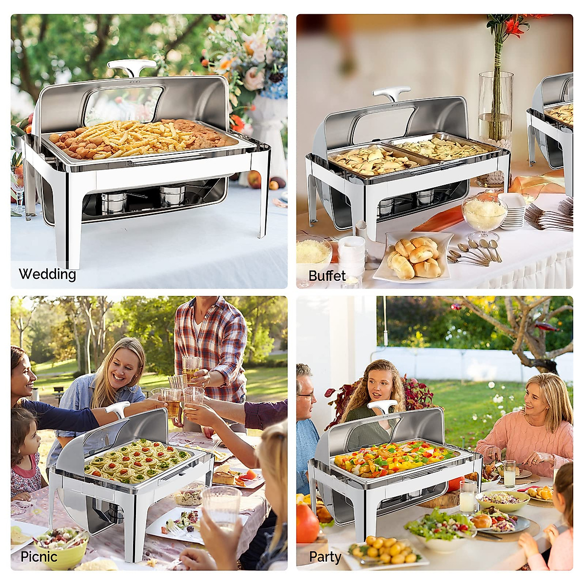 ROVSUN 9 QT 3 Packs Stainless Steel Chafing Dish Buffet Set with Electric & Fuel Heating, NSF Roll Top Catering Chafer Server with Full Size & 2 Detachable Food Pans, Glass Lid for Party Banquet