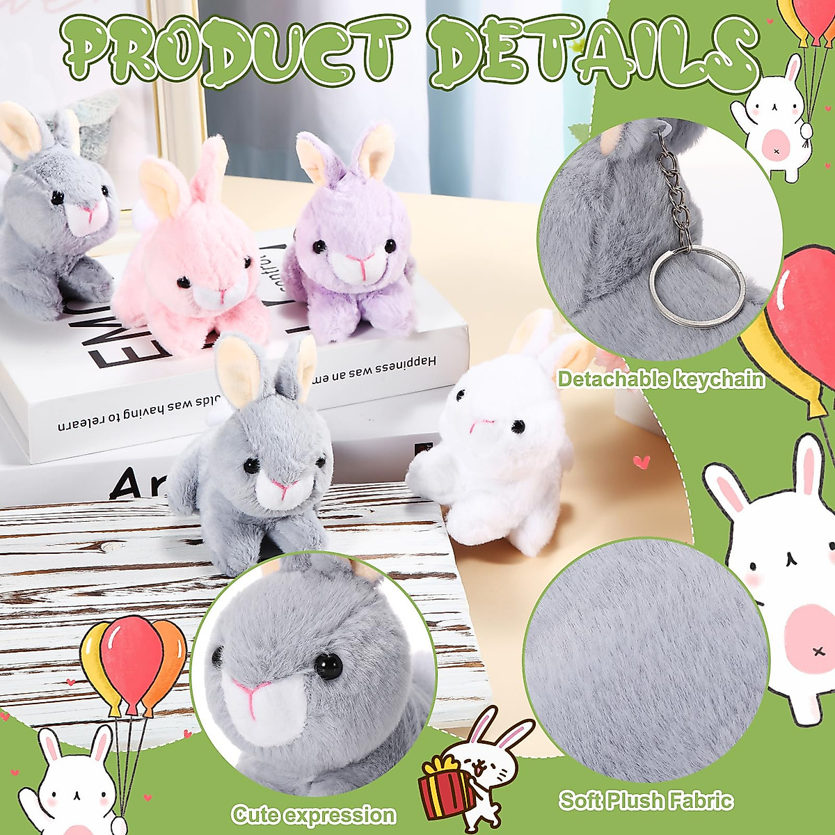 Sratte 16 Pcs Easter Bunny Stuffed Animal Bulk 4.7 Inch Small Plush Rabbit Keychains Detachable Bunny Party Favors Plushies for Birthday Baby Shower Easter Basket Stuffers Decorations