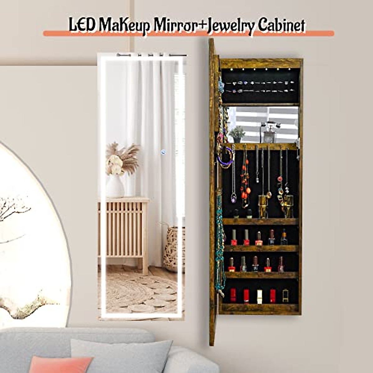 Ntufrest Jewelry Organizer with Led Mirror, 6 LEDs Mirror Jewelry Cabinet,Wall/Door Mounted Jewelry Armoires for Women, Full Length Mirror with Jewelry Storage，Magnetic Lock