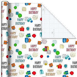 Hallmark Recycled Wrapping Paper with Cutlines on Reverse (3 Rolls: 60 Sq. Ft. Ttl) Red, Blue, Green, Gold Stripes, Candles, Happy Birthday" for Kids and Adults