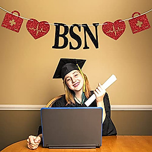 Ferastar 2021 BSN Banner, Congrats Nurse Banner, Class of 2021 Nurse Graduation Party Decoration Black Red Glitter