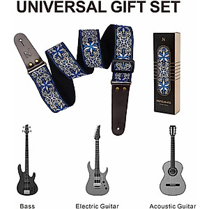 Guitar Strap, Vintage Embroidered Cotton Guitar Straps with Genuine Leather Ends for Bass, Electric & Acoustic Guitars, Come with Free Strap Button, 1 Pair Strap Locks and 4 Guitar Picks (Blue Flower)