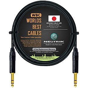 WORLDS BEST CABLES 5 Foot - Balanced TRS Patch Cable Custom Made Using Mogami 2549 (Black) Wire and Neutrik NP3X-B Gold TRS Stereo Plugs