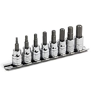 Powerbuilt Hex Bit Socket Set, 8 Piece, 3/8 Inch Drive Metric, Sizes 3-10mm, Ball End Sockets, Storage Rail - 642405