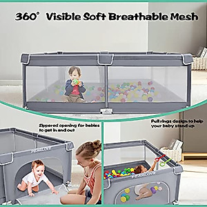 Baby Playpen, 71x59 Extra Large Playpens for Babies and Toddlers, Safe No Gaps Kids Play Yard with Breathable Mesh 2 Handles, Baby Gate Playpen, Baby Fence Indoor & Outdoor （Gray）
