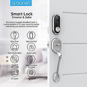 Smart Deadbolt, SMONET Fingerprint Electronic Deadbolt Door Lock with Keypad-Bluetooth Keyless Entry Keypad Smart Deadbolt App Control, Ekeys Sharing, App Monitoring Auto Lock for Homes and Hotel