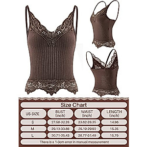 2 Pcs Women Lace Patchwork Crop Top Fairy Grunge Style Cropped Tees Y2k E Girls Clothes Cami Ribbed Knitted Tank Tops(Brown, Black,Small)