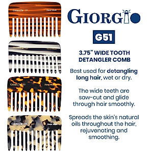 Giorgio G51 Small Travel Purse Hair Detangling Comb, Wide Teeth Pocket Comb for Thick Curly Wavy Hair. Hair Detangler Comb For Wet and Dry Everyday Care. Handmade of Cellulose, Saw-Cut Hand Polished