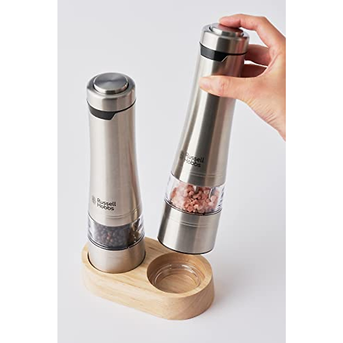 Russell Hobs 7923JP Electric Mill, Salt and Pepper (Set of 2), Wood Stand Set, Silver