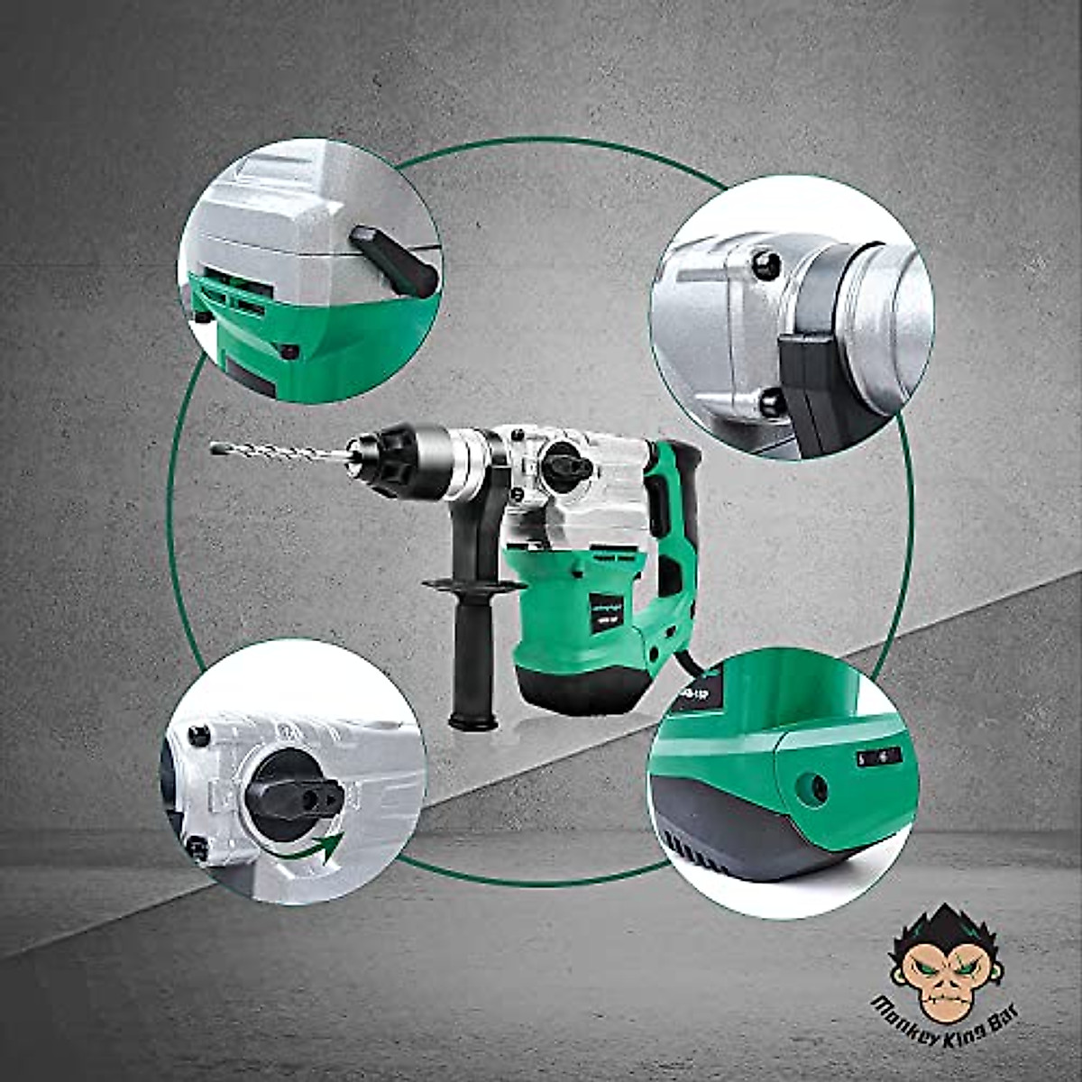 Monkey King Bar -1-1/4 inch SDS PLUS Rotary Hammer Drills 12Amp 1500w 120v 60Hz Impact Hammer Drills for Concrete-Safety Clutch 3 Functions Includes Tile Removal Tool 11 Pcs Accessories Set