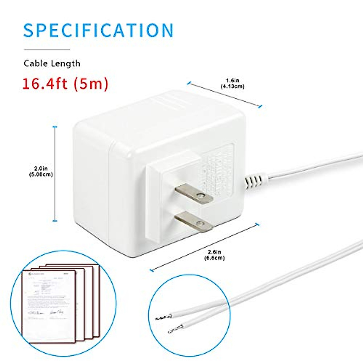 24 Volt Transformer, 500mA Power 500cm Cable C Wire Adapter for All Version Ring Doorbell, Competible with Nest Hello Skybell Ecobee Sensi Smart and Honeywell Thermostat