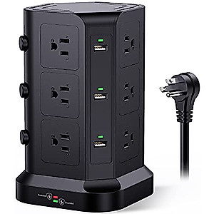 Power Strip Tower by KOOSLA, [15A 1500J] Surge Protector - 12 AC Multiple Outlets & 6 USB Ports, Flat Plug 14 AWG Heavy-Duty Extension Cord 6.5ft, Home Office Supplies, Dorm Room Essentials Black