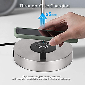JS NOVA JUNS USB Desk Lamp – Table Lamp with Wireless Charging Pad and USB Port, Edison Bedside Nightstand Lamp with Metal Base for Guestroom Bedroom Living Room Office, Satin Nickel