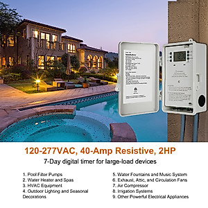 Suraielec Pool Timer, 7-Day Digital Pool Pump Timer Switch, 120, 240, 277 VAC, Heavy Duty 40 AMP, 2HP, 24 Hour Programmable, Outdoor Indoor Swimming Pool Timer Box for Pump, Hot Water Heater, Lights