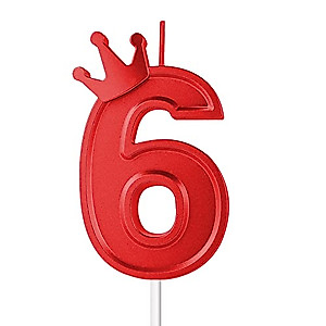 3.15in Birthday Number Candle, Red 3D Candle Cake Topper with Crown Cake Numeral Candles Number Candles for Birthday Anniversary Parties (6)