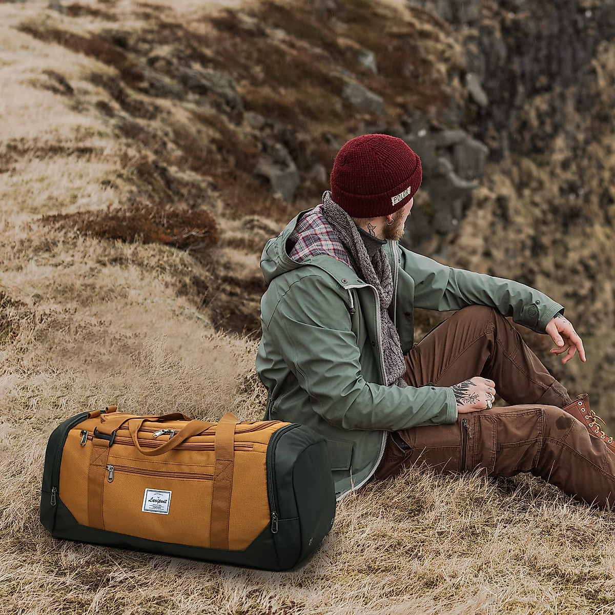 Laripwit Travel Duffle Bag for men 40L Medium Sports Gym Bag with Wet Pocket & Shoes Compartment Weekender Overnight Backpack for Traveling Duffel Bag Backpack for Women, Brown