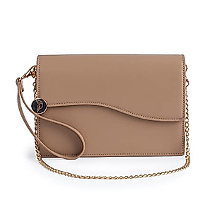 Kardinal Fashions Designer Clutch Purse for Women, Vegan Leather Fashion Envelope Style Hand Bag with Wristlet Strap and Gold Crossbody Chain from (Taupe)