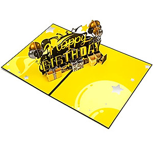 Ribbli Pop Up Birthday Card, Happy Birthday Card, 3D Black and Gold Birthday Card, with Envelope