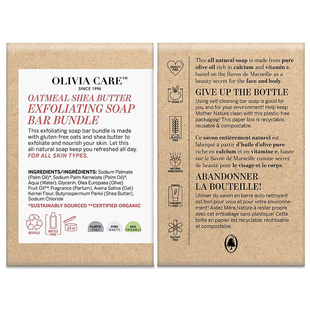 Olivia Care Exfoliating Bar Soap Pack by – 100% Natural & Organic - Infused with Shea Butter & Oats - Deep Clean, Refreshing, Moisturizing & Hydrating - Triple-Milled - X 5 OZ Oatmeal Shea Butter 3 Count (Pack of 3)