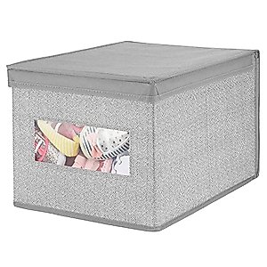 mDesign Large Soft Stackable Fabric Baby Nursery Storage Organizer Holder Bin Box with Front Window/Lid for Child/Kids Bedroom, Playroom, Classroom, Gray Herringbone