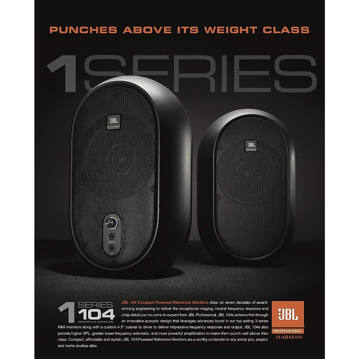JBL Professional 1 Series, 104 Compact Powered Desktop Reference Monitors (Sold as Pair), Black (JBL104)