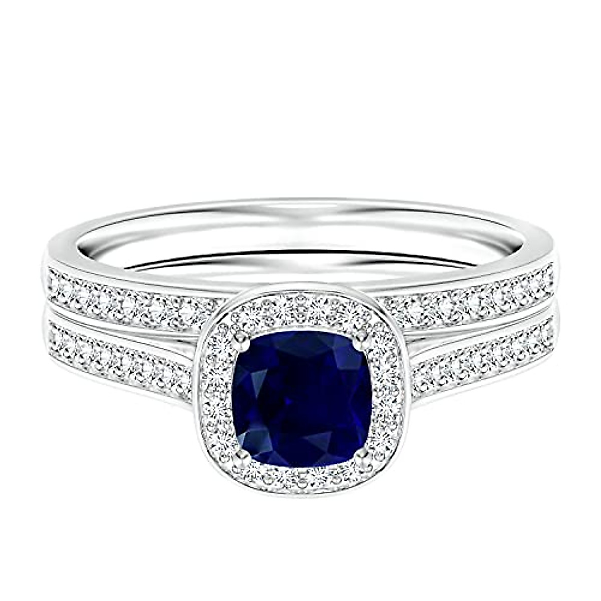 0.75 Ctw Cushion Cut Blue Sapphire Gemstone 925 Sterling Silver Solitaire Accents Bridal Set Ring (Sterling Silver, 10)