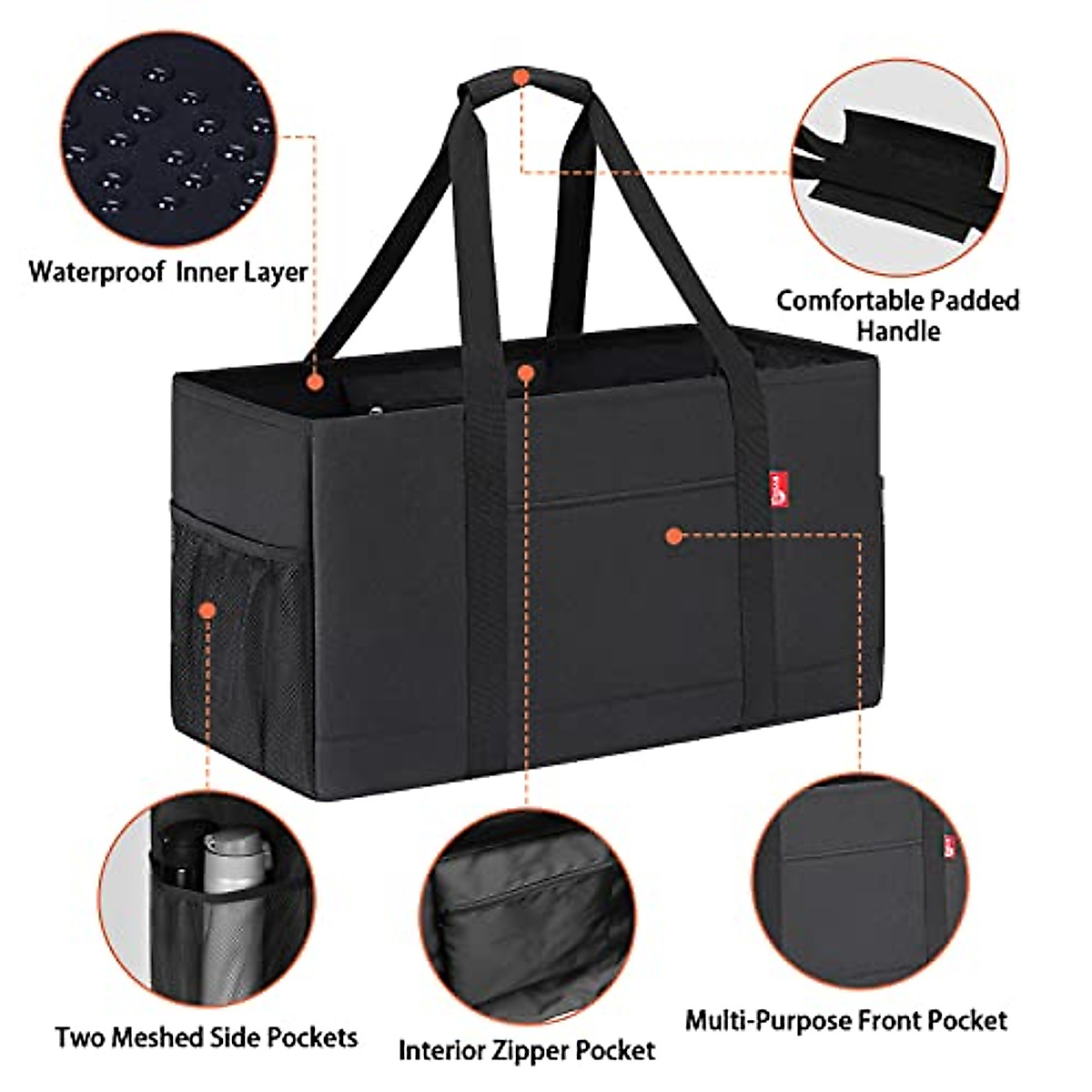 RVSNQ Extra Large Utility Tote Bag, Foldable Reusable Grocery Bags, Collapsible Tote with Metal Wire Frame & Reinforced Bottom Board, Stand up Large Utility Tote for Grocerie, Shopping, Storage（Black）
