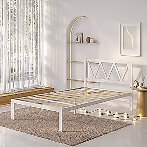 Novilla Twin Bed Frame with Headboard, Metal Platform Bed Frame, Heavy Duty, No Box Spring Needed, Wood Slat Support, Easy Assembly, White