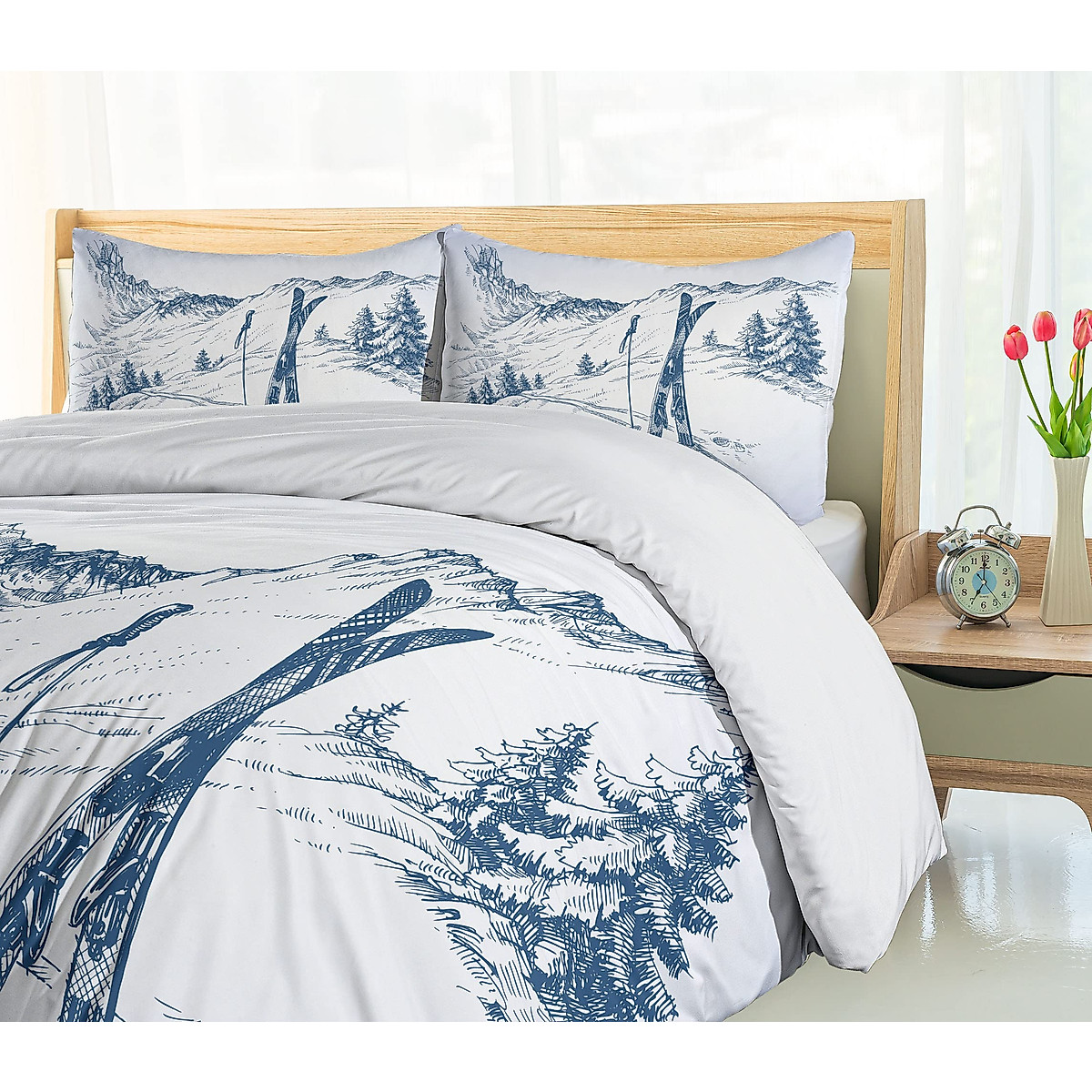 Ambesonne Winter Duvet Cover Set, Sketchy Graphic of a Downhill Ski Elements in Snow Relax Calm View, Decorative 3 Piece Bedding Set with 2 Pillow Shams, California King, Blue White