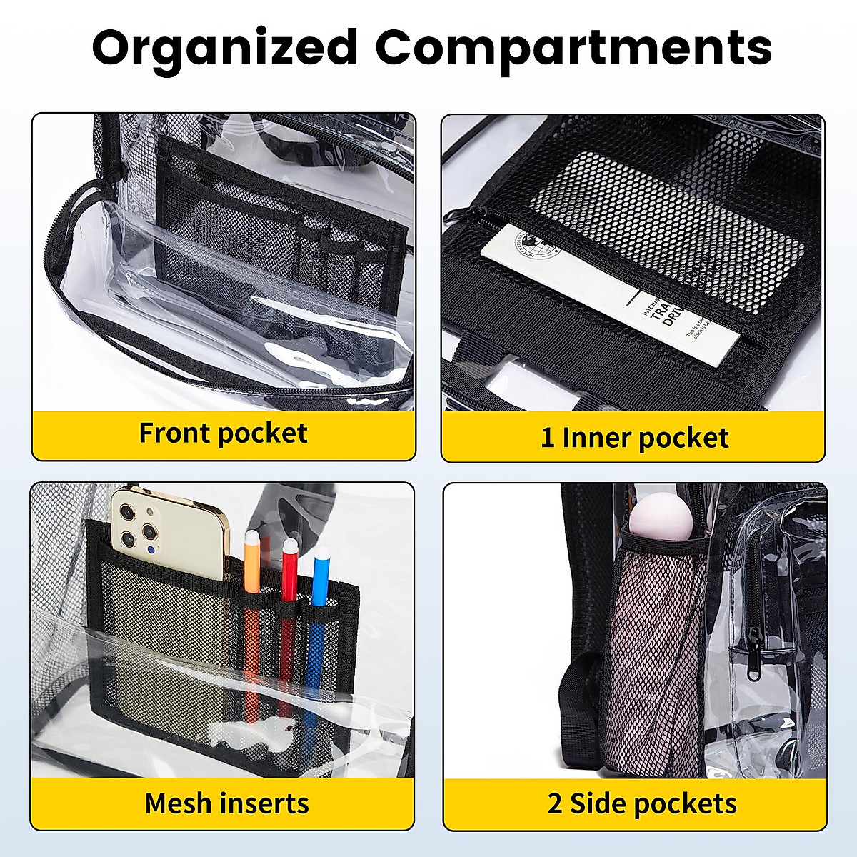 Vorspack Clear Backpack Heavy Duty PVC Transparent Backpack with Reinforced Strap & Large Capacity for College Workplace Security - Black