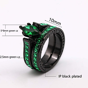 ringheart His and Her Couple Rings Black Matching Ring 1.5ct Green CZ Women Wedding Ring Sets for Him and Her