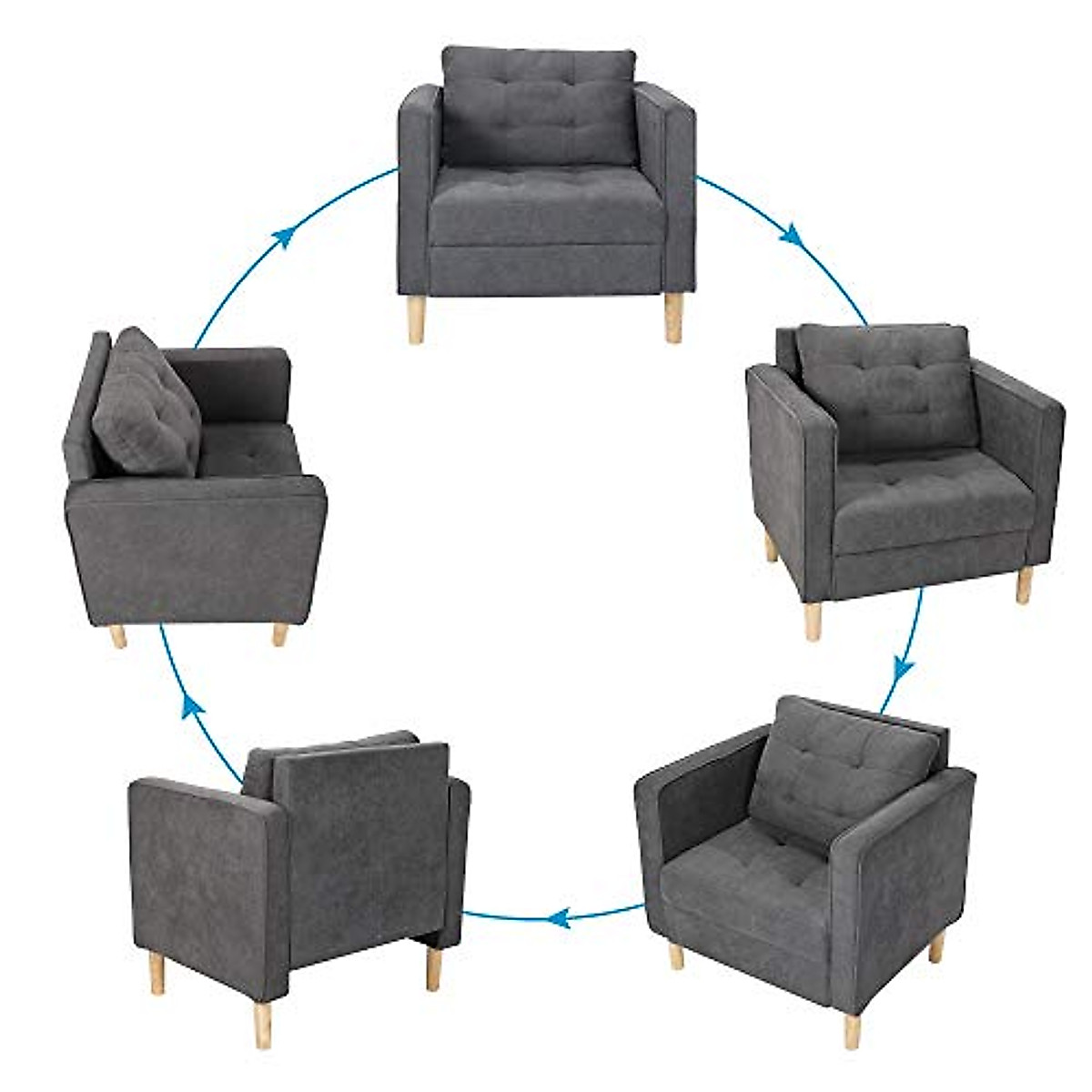 STHOUYN Mid Century Modern Upholstered Fabric Accent Chair with Arms Set of 2 Armchair Comfy Reading Chair for Living Room Studio Office Couch, Single Sofa Set Bedroom Grey