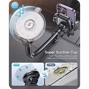 Windshield Car Phone Holder Mount Dashboard/Suction Cup/Window, 13" Phone Holder for Car Dashboard with Super Sticky Gel Pad, Truck Cell Phone Holder for Car, Compatible with Thick Case & Large Phone