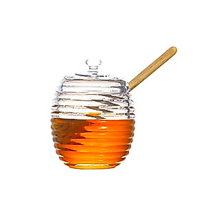 Touchstone Glass Honey Jar with Wood Dipper and Lid Perfect for Any Kitchen, Food Grade Glass Honey Jars with Dipper Material, The Honey Pot with Wooden Spoon, Honey holder, (3.5" x 4.3") (9 fl oz)