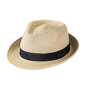 DressVoguer Straw Fedora Hat for Women Men Short Brim Panama Hat Roll Up Trilby Summer Beach Sun Hat UPF 50+ Beige