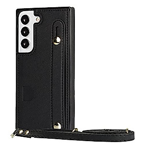 CCSmall Case for Samsung Galaxy S22+ Plus (Not S22) with Card Slot Holder, Removable Adjustable Shoulder Strap Lanyard Crossbody Neck Purse Phone Case for Samsung Galaxy S22 Plus KB Black