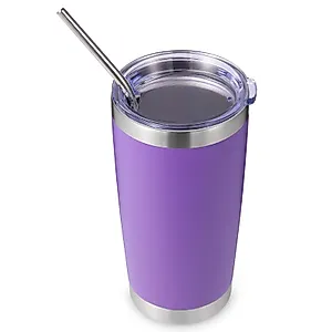 Volhoply 20oz Stainless Steel Tumbler with Lid and Straw,Double Wall Insulated Travel Iced Coffee Mug Fits Car Cup holder,Powder Coated Cups for Hot and Cold Drinks,Gifts for Women Men（Purple,1 Set）
