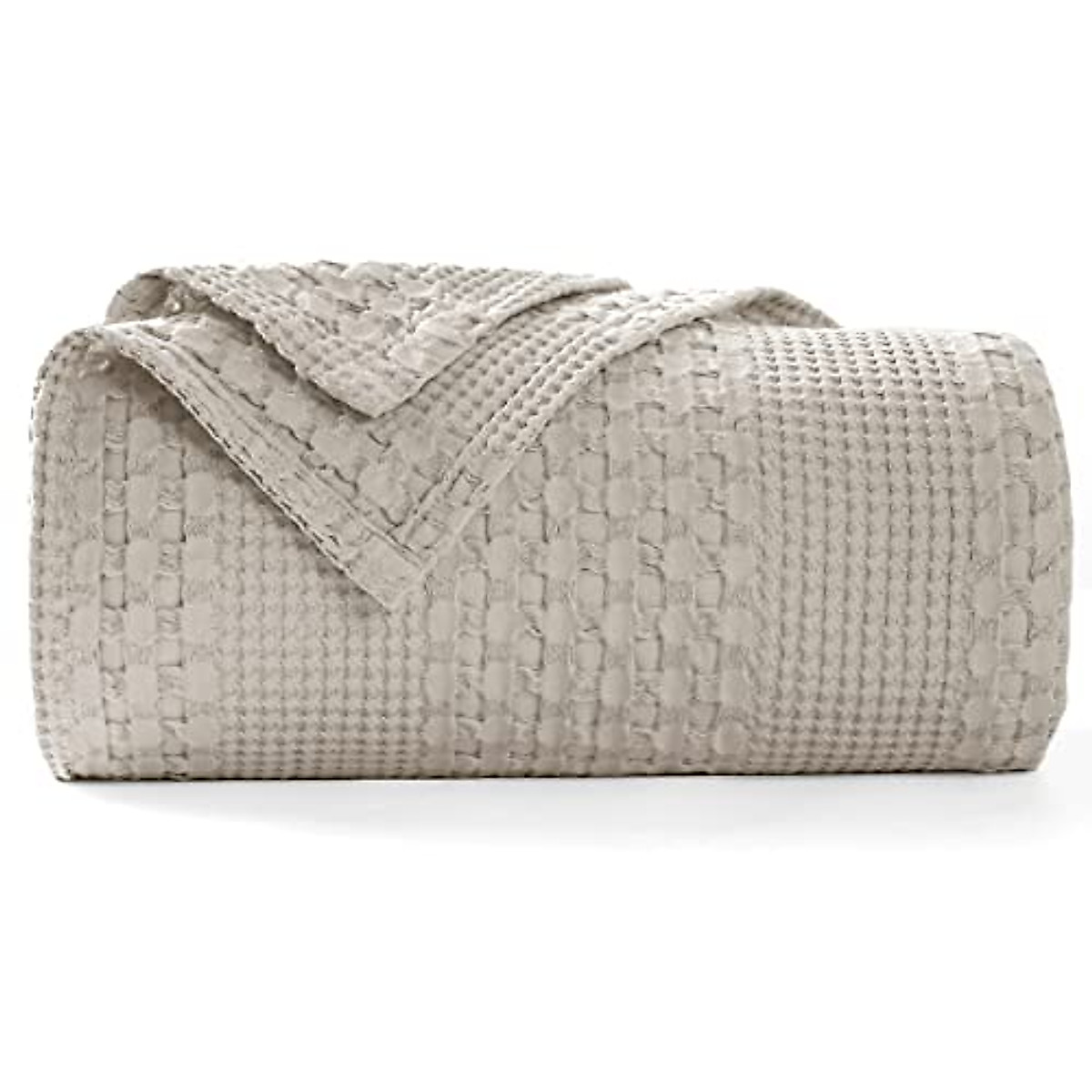 PHF 100% Cotton Waffle Weave Throw Blanket - Washed Soft Lightweight Blanket for All Season - Breathable and Skin-Friendly Blanket for Couch Bed Sofa 50"x60"- Light Khaki/Linen