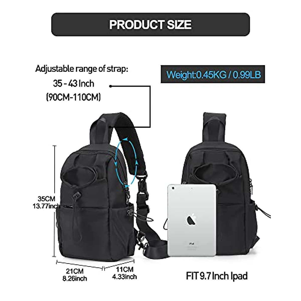 Black Sling Crossbody Bag for Men Women, Tactical Backpack Shoulder Daypack Mini Anti-Theft Cross Body Motorcycle Chest Bags, Small One Strap Backpack for Casual Travel Hiking Outdoor Sports