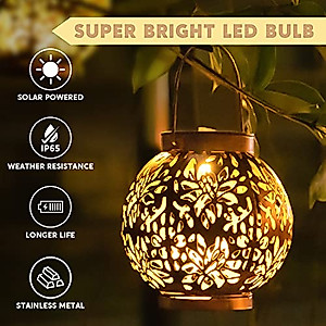 JOIEDOMI 2 Pack Outdoor Solar Hanging Lantern Lights, Waterproof Tabletop Solar Lights with Handle, LED Solar Powered Moroccan Lanterns, Metal Decorative Garden Lights for Patio, Lawn, Porch, Backyard